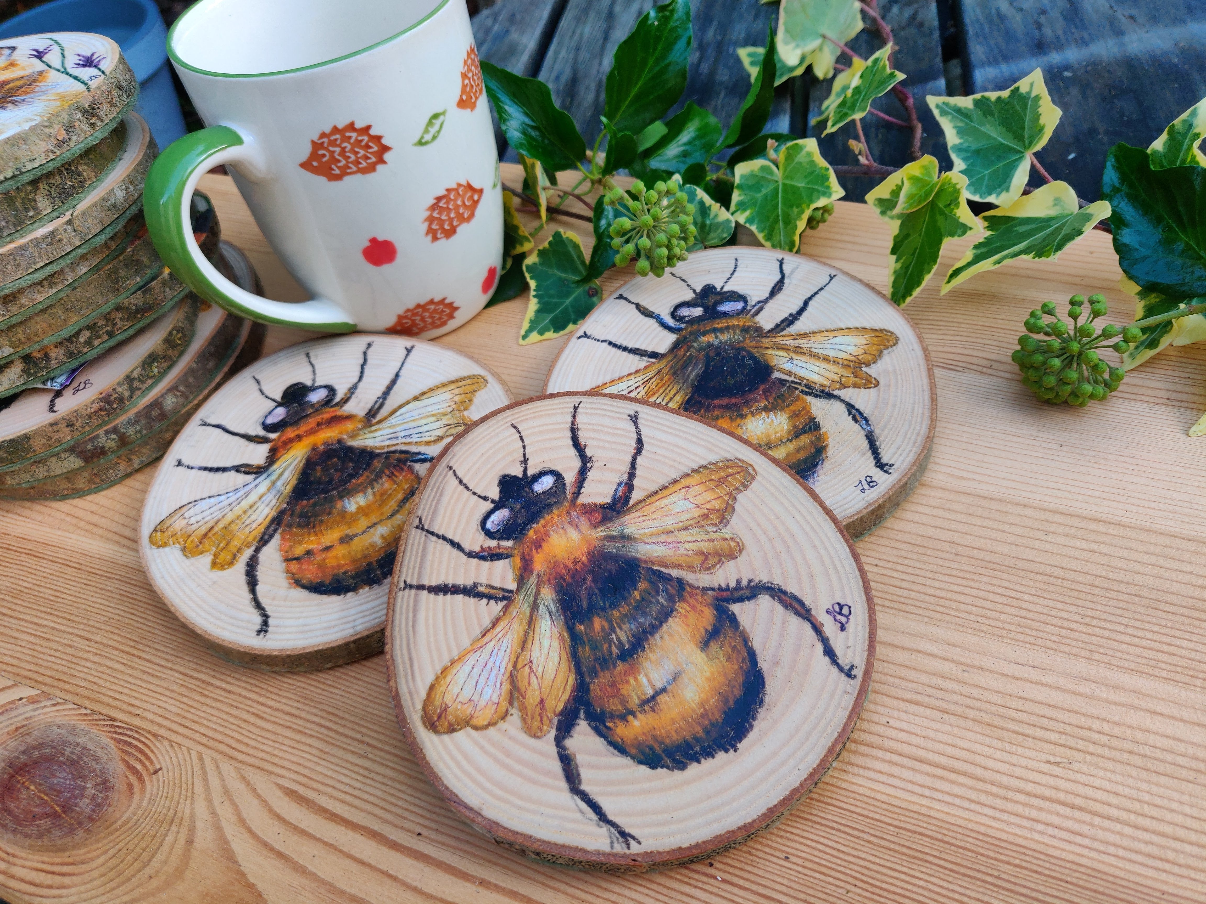 Bumble Bee Coaster Coloured Pencil on Wood The Cherrydidi Online Shop